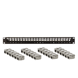 Painel para rack 1U 19“, equipado com 24 conectores ”RJ45" Cat 6A FTP Fêmea